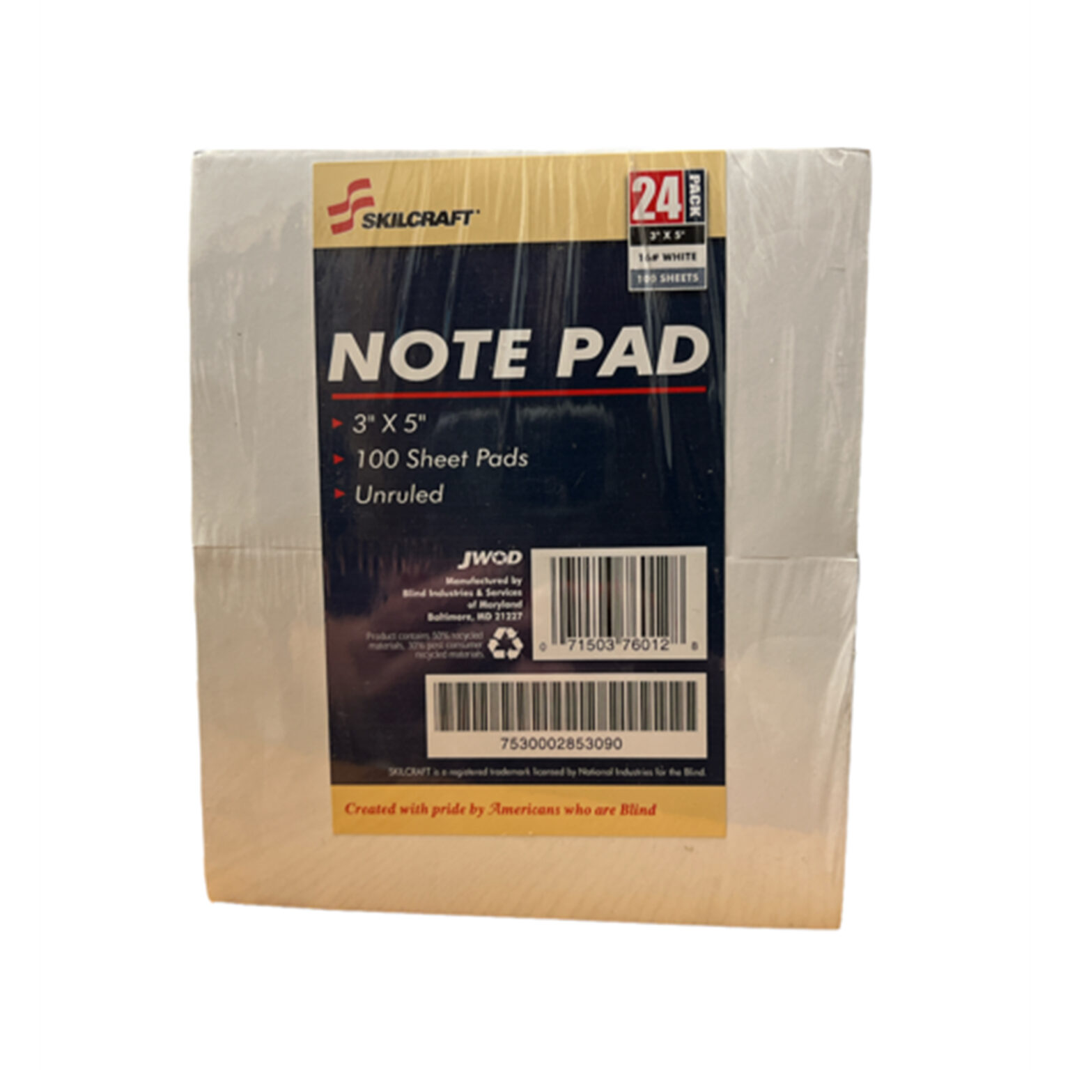 WRITING PADS; 3 in X 5 in ; WHITE ; GLUE-TOP; UNRULED; 24 PADS PER PKG ...